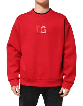 Dolce & Gabbana Red Dg Logo Crew Neck Men Sweatshirt Sweater Cotton Nylon Clothing