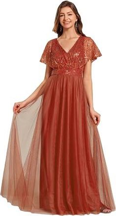 Ever-pretty Robe de Soirée Femme Longue Paillettes Tulle Col V Manches Volantées pour Bal Promo Orange Caramel 40