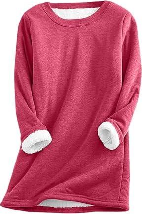 Generic Haut dautomne 2026 pour femmes, sous-manteau, col rond, couleur unie, chaud, manches longues, en polaire, décontracté, coupe ample, rose vif, 3XL