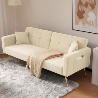 STILVORA Clic-clac 2 Places avec Dossier R&eacute;glable 105-180&deg;, Coussins et Poches Lat&eacute;rales, Pieds Dor&eacute;s, Tissu Sherpa Beige