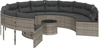 vidaXL Gartensofa mit Tisch und Kissen Rund Grau Poly Rattan - Vidaxl