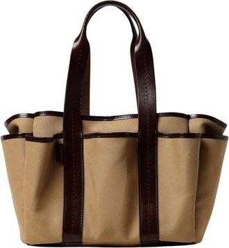 Max Mara Femme, Sacs, Brun, Taille: ONE Size Canvas Tote Bag Leather Trim