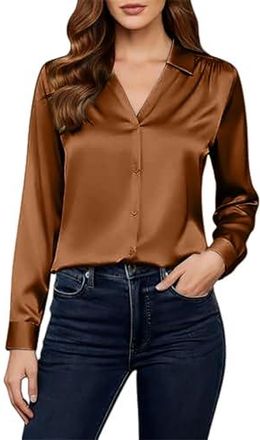 Generic Chemisier &agrave; manches longues pour le travail grande taille - Chemisiers en satin pour femme - Chemise habill&eacute;e &eacute;l&eacute;gante &agrave; boutons - Col en V - Col en V