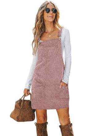 Cupshe Damen Latzrock Quadratischer Ausschnitt Taschen Cord Latzkleid Overallkleid Freizeitkleider Corduroy Mini Overall Dress Helles Violett XL