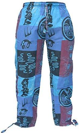 Gheri pour des Hommes Chanvre Coton Tribal Patchwork Travail de Pièce Gecko Impression Aztèque Symboles en Vrac Pantalon Droit Pants Grand