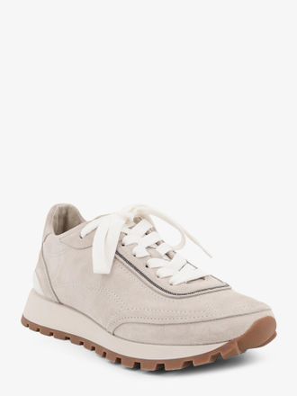 Brunello Cucinelli Womens Suede Sneakers With Monile Trim White Suede-Rubber Trainers Suede/rubber