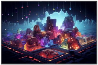 Wallario Wandbild - Leuchtende Pixelstadt in Premiumqualität, Poster mit schwarzem Rahmen, Größe: 61 x 91,5 cm