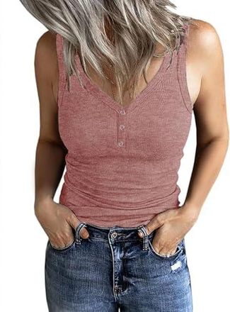 Zeagoo D&eacute;bardeur Femme Chic et &Eacute;l&eacute;gant Tank Top sans Manches Top Haut D&eacute;t&eacute; Col en V T-Shirt Boutons Basique Henley Shirts Casual Femme Tops Rose XXL
