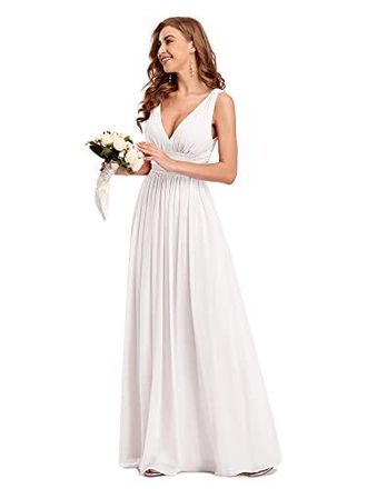 Ever-pretty Robe de Soir&eacute;e Longue Femme pour Mariage D&eacute;collet&eacute; en V en Mousseline de Soie Blanche 42
