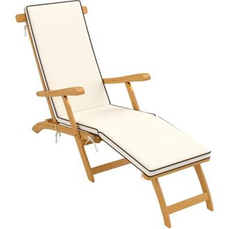 OUTSUNNY Chaise longue pliable en bois dacacia verni avec matelas repose-pieds grand confort cr&egrave;me