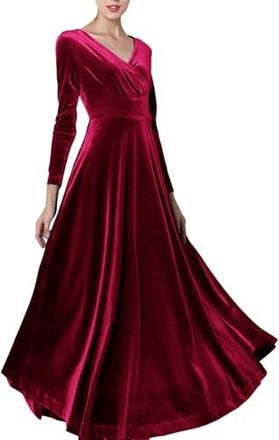 Generic Robe d&eacute;contract&eacute;e et douce en velours dor&eacute; sexy pour femme et hiver, col rond, manches longues, robe festive pour femme, Bordeaux, 3XL