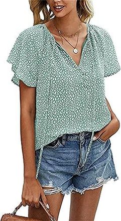 TOMWELL Chemisier Femme Col V Blouse Élégant Haut Manches Courtes Tunique Ample Fluide Mousseline de Soie Chic Vintage T-Shirt Femme Tops Mousseline Décontrac