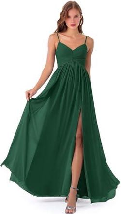 Generic Robe de demoiselle dhonneur en mousseline de soie avec poches et bretelles spaghetti et col en V avec fente, vert émeraude, 54 Grande taille