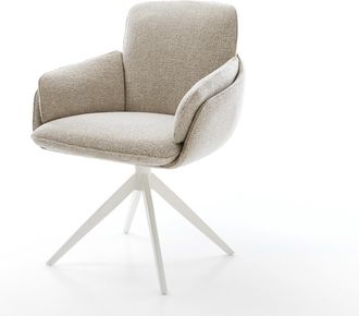 DELIFE Drehstuhl Luan-Flex mit Armlehnen Webstoff Soft Beige Kreuzgestell breit Wei&szlig; 360&deg; drehbar Wippfunktion, Esszimmerst&uuml;hle