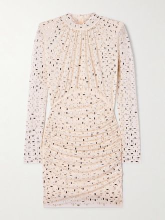 Self Portrait Minikleid Aus Mesh Mit Stehkragen, Raffungen Und Verzierungen - Creme