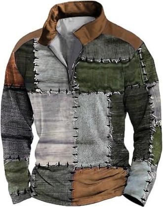 Generic Pull patchwork r&eacute;tro pour homme - Pull vintage &agrave; manches longues - Fermeture &eacute;clair 1/4 - Pull dautomne &agrave; col montant - Pull color&eacute; color&eacute; - Haut hipp