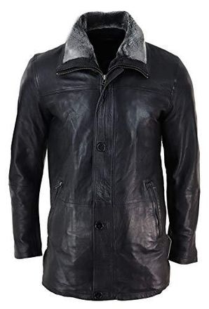 Infinity Leather Manteau pour Homme Longueur 3/4 en Cuir v&eacute;ritable Style Safari Classique Fermeture &eacute;clair et Boutons - Noir XXL