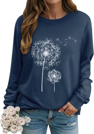 Dresswel Damen L&ouml;wenzahn Sweatshirt Langarmshirt Pusteblume Drucken Pullover Herbst Winter Bluse Tops Oberteile(Navy, 2XL)