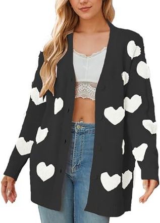 Generic Cardigan &agrave; manches longues ouvert sur le devant pour femme - Tricot en forme de coeur - Col en V boutonn&eacute; - Pull surdimensionn&eacute; l&eacute;ger et d&eacute;contract&eacute; p