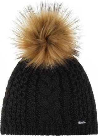 Eisb&auml;r M&uuml;tze Damen Afra Lux Schwarz - Merino f&uuml;r Frauen - mit Fleece sch&uuml;tzt vor K&auml;lte und Wind - Bommelm&uuml;tze mit Kunstfell-Pompon Pudelm&uuml;tze mit Zopfmuster 