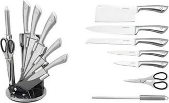 Royalty Line RLKSS600, Messerblock 8-teilig mit Fächerständer, Schere, Messer aus rostfreiem Stahl, rutschfeste Griffe, Schärfer inklusive - Silber - Standardgröße