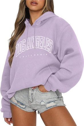TOMWELL Oversized Hoodie Damen Los Angeles Pullover Winter Kapuzenpullover Langarm Sweatshirt Casual Hoody mit Kapuze A Violett XXL
