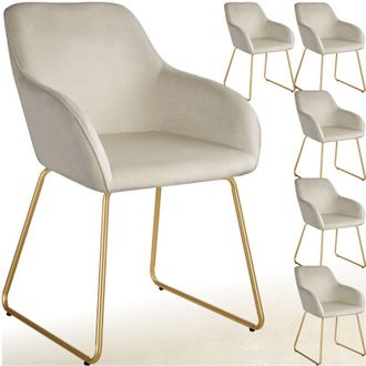 TecTake Tectake - Lot 6 chaises de salle à manger aspect velours rembourré crème et or