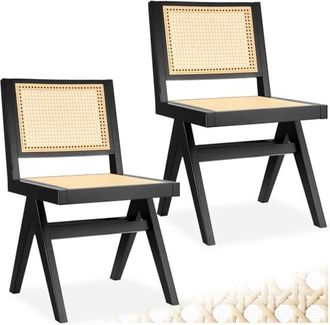 TecTake Lot de 2 Chaises de Salle à Manger Design Noir en Bois Massif & Cannage Chaise de Table à Manger Chaise Confortable Meuble Salon pour Coiffeuse, Chamb