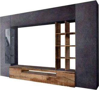 Dmora Wohnzimmerm&ouml;bel Dlazzar, TV-Wohnzimmer-Set, Mehrzweck-Wohnzimmerm&ouml;bel mit LED-Beleuchtung, 100% Made in Italy, cm 290x40h192, Schiefer und Ahorn