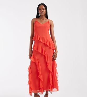 Vero Moda Tall Smilla - Robe mi-longue en mousseline &agrave; volants et fines bretelles - Rouge-Rose
