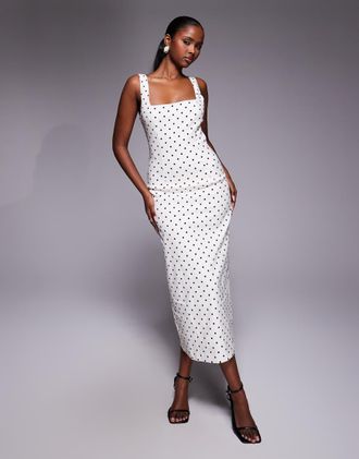 Forever New Midikleid aus Stretch-Leinen mit eckigem Ausschnitt, Schlitz hinten und wei&szlig;en Polka Dots