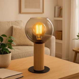 Globo Lighting Lampe de table Lampe de chambre à coucher Lampe dappoint Lampe de table, lampe en bois, lampe de lecture avec abat-jour en verre fumé, métal, noir