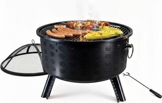 Relaxdays Relaxdays Feuerschale, Hx&Oslash; 62 x 66 cm, mit Grillrost, Funkenschutz & Sch&uuml;rhaken, Feuerstelle Garten, Feuerkorb, schwarz