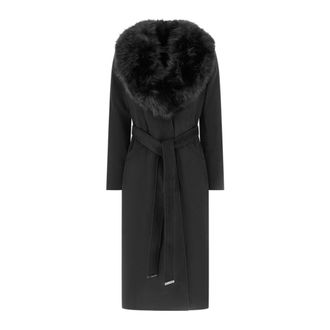 Michael Kors Manteau en m&eacute;lange de laine avec garniture en fausse fourrure - Femme - Manteaux - Noir - Taille: 42 FR