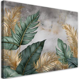Feeby Tableau d&eacute;co Feuilles vertes et dor&eacute;es sur fond gris 100x70