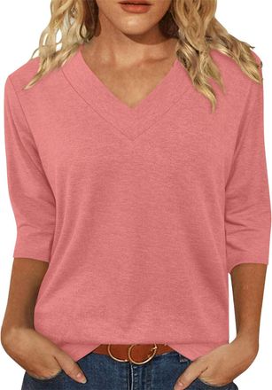 Minetom T Shirt Damen 3/4 Arm V-Ausschnitt T-Shirt Sommer Oberteil Pullover Herbst Basic Shirts A Rosa XXL