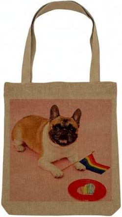 Fabulous Sac Shopping Tote Bag Aspect Lin - Petit Chien Bouledogue Fran&ccedil;ais Blanc et Bruns F&ecirc;te avec Biscuit et Drapeau GayPride Animaux - Sac de Courses Toile
