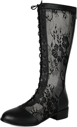Generic Femmes Dentelle Creux Bout Rond Patchwork Genou Bottes Hautes Sandales &agrave; Talons Blocs Bas Lacets Chaussures Robe D&eacute;t&eacute;, Noir, 39.5 EU