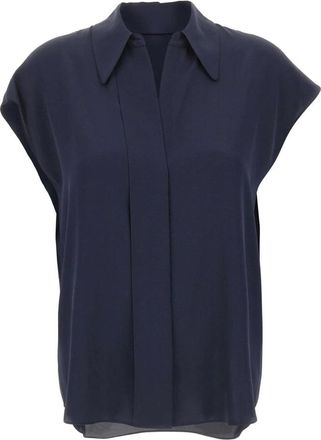 Vince Femme, Blouses et Chemises, Bleu, Taille: 40 FR Stretch-Silk Hidden-Placket Cap-Sleeve Blouse