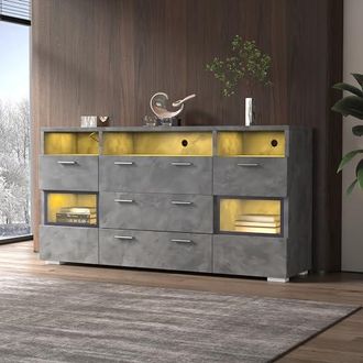Merax Buffet avec &eacute;clairage LED - Commode moderne avec 2 portes et 3 tiroirs - Espace de rangement ouvert - Armoire polyvalente avec portes en acrylique tra