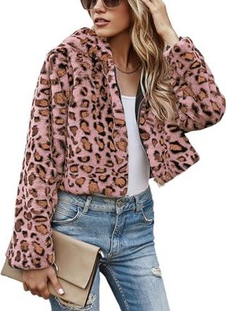 ZhuiKun Manteaux à Capuche Fausse Fourrure Léopard pour Femme Veste Courte Streetwear Manteau dhiver à Manches Longues avec Fermeture Éclair - Rose, 3XL