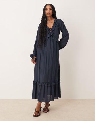 Brave Soul Robe longue &agrave; manches longues et d&eacute;tail volant&eacute; - Bleu marine