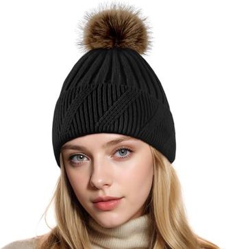 Neola Bonnet dhiver pour femme - Bonnet doubl&eacute; en polaire doux et chaud avec pompon amovible en fausse fourrure pour sports de plein air, ski, Noir, M