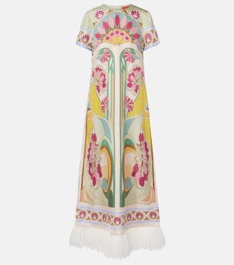 La DoubleJ Robe longue Swing en soie &agrave; plumes