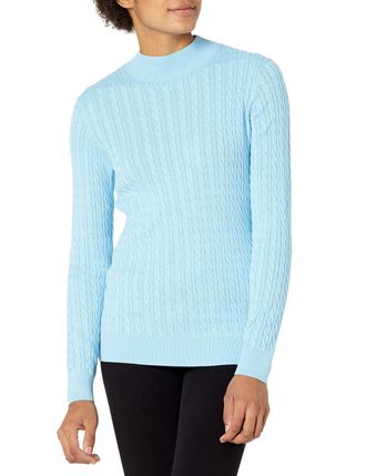Amazon Essentials Damen Leichter Langarm-Pullover mit Stehkragen und Zopfmuster in klassischer Passform, Himmelblau, XXL