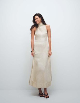 Topshop Robe longue &agrave; rayures avec col montant et taille basse - Naturel-Neutre