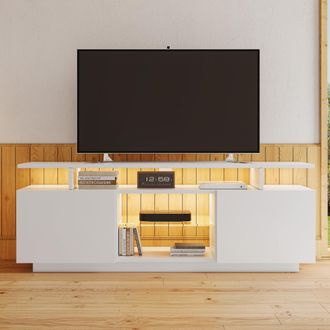 Generic TV Lowboard 140 cm Hochglanz Wei&szlig; mit 16-Farben LED - Fernsehschrank Modern, 2 T&uuml;ren Glasf&auml;cher, RGB Lichtleiste, f&uuml;r 60 Zoll TV, viel Stauraum Elegan