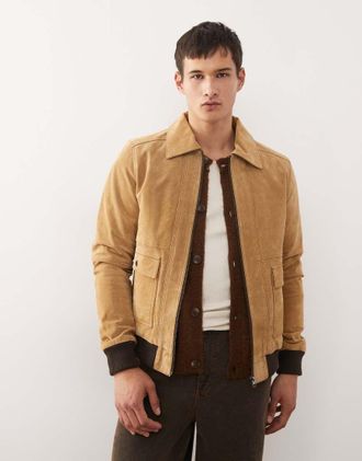 Reclaimed Vintage Premium - Bomberjacke in Hellbraun aus echtem Wildleder mit Kontrasteinfassung-Brown