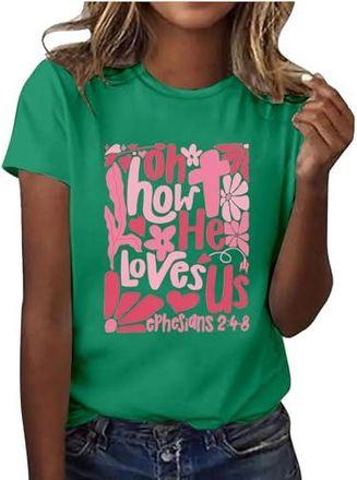 Generic T-shirt d&eacute;contract&eacute; &agrave; manches courtes et col rond imprim&eacute; coeur pour femme 2026 Saint-Valentin, Vert, L