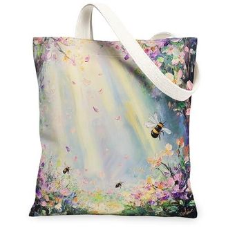 Generic Sac fourre-tout en toile de printemps Freesias pour le shopping 33 x 38 cm, motif for&ecirc;t, fleurs, abeilles, sac d&eacute;picerie r&eacute;utilisable pour femme, pein